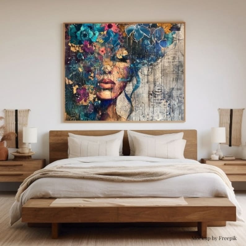 Boho, Lady With Flowers in Her Hair, Digital Wall Art, Head of Flowers ...