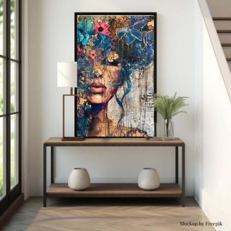 Boho, Lady With Flowers in Her Hair, Digital Wall Art, Head of Flowers ...