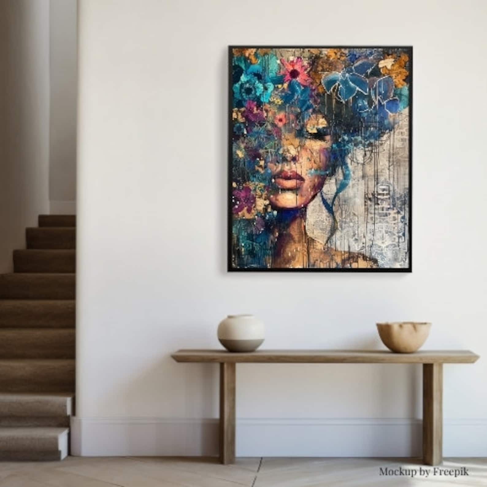 Boho, Lady With Flowers in Her Hair, Digital Wall Art, Head of Flowers ...
