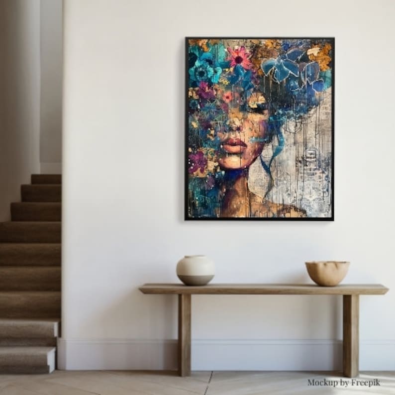 Boho, Lady With Flowers in Her Hair, Digital Wall Art, Head of Flowers ...