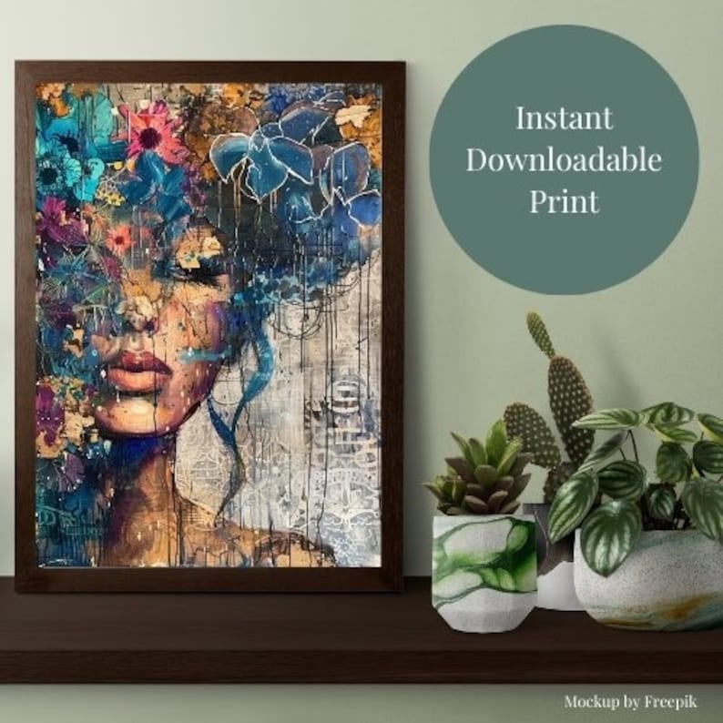 Boho, Lady With Flowers in Her Hair, Digital Wall Art, Head of Flowers ...