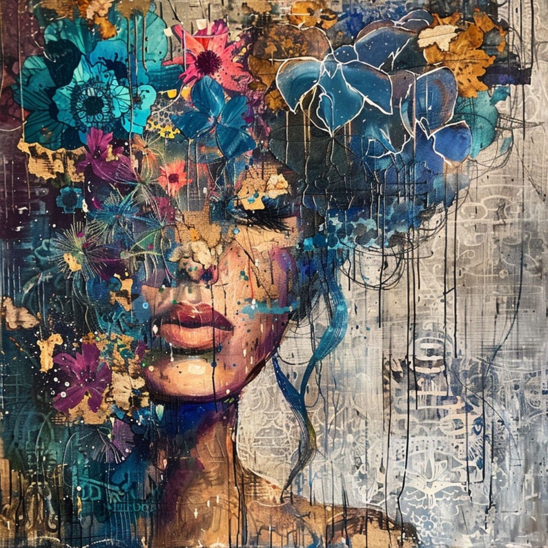 Boho, Lady With Flowers in Her Hair, Digital Wall Art, Head of Flowers ...