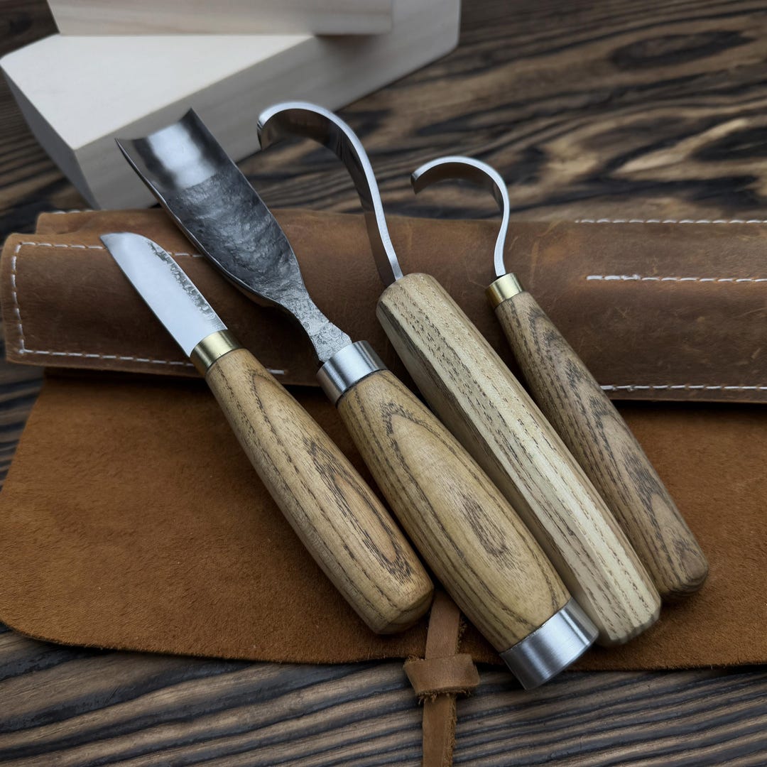 Hand-forged Spoon Carving 4-piece Set. Carbon Steel Blade. Ash Handles ...