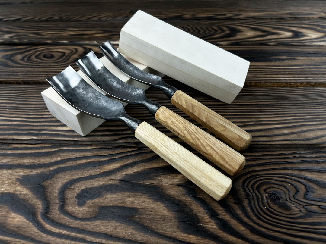 Hand-forged Bent Gouge Set 3 Pcs. Spoon Carving Tools. Ash Handles ...