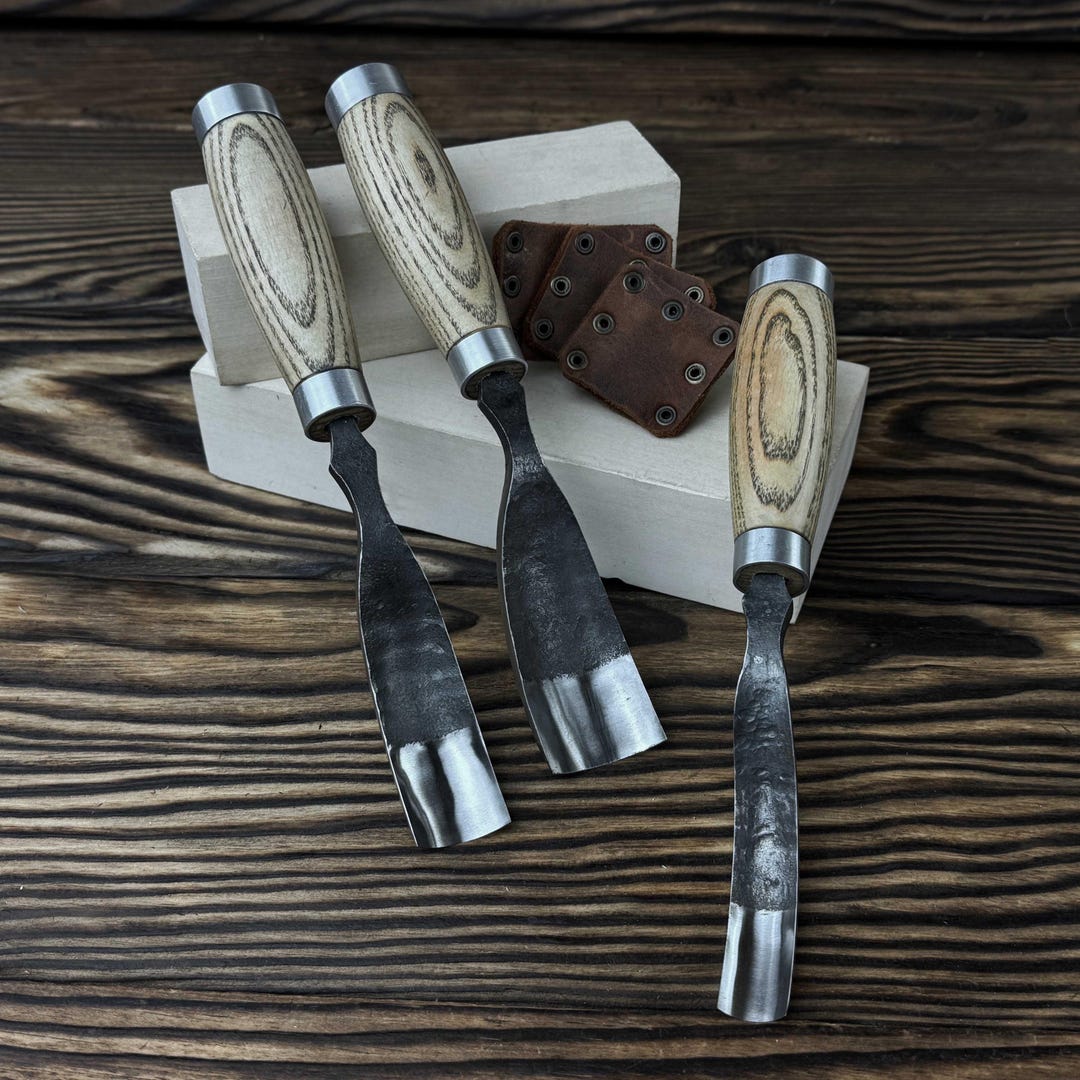 Hand-forged Bent Gouges. Wooden Carving Tools With Genuine Leather ...