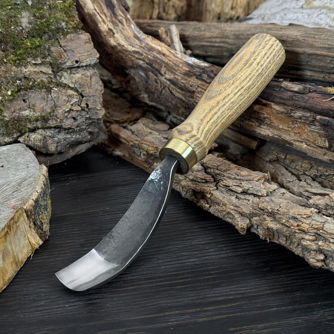 Hand-forged Small Bent Gouge. 52100 Carbon Steel Blade. Ash Wood Handle ...