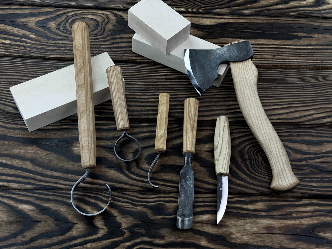 Hand-forged Cups Carving Tool Set 6 Pcs. Woodworking. Ergonomic Ash ...