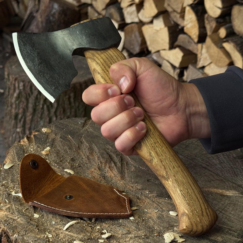 Hand-forged Bushcraft Axe With Leather Sheath. Carbon Steel Head. Ash ...
