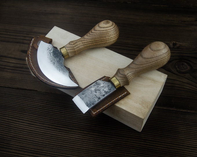 2-piece Leather Knife Set for Leatherworking. Hand Forged Round Blade ...