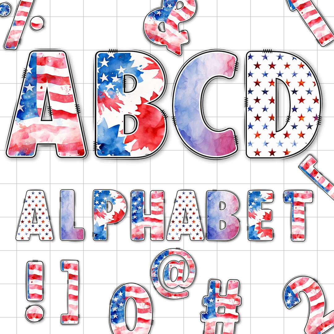 4TH July USA Flag Doodle Letters PNG Bundle, Red White & Blue Digital ...