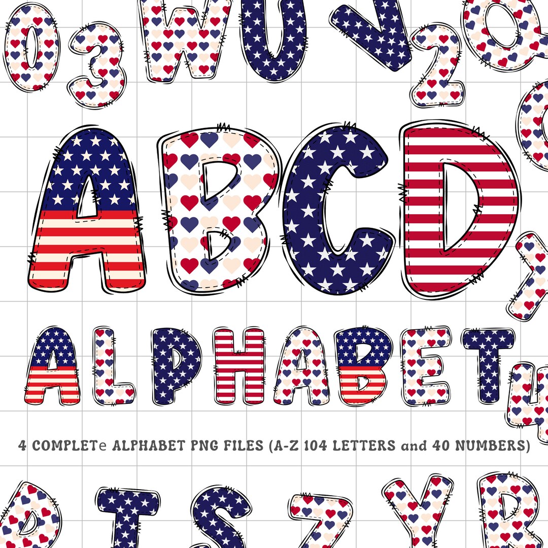 4th of July Doodle Alphabet Patriotic PNG Font American Flag Clipart ...