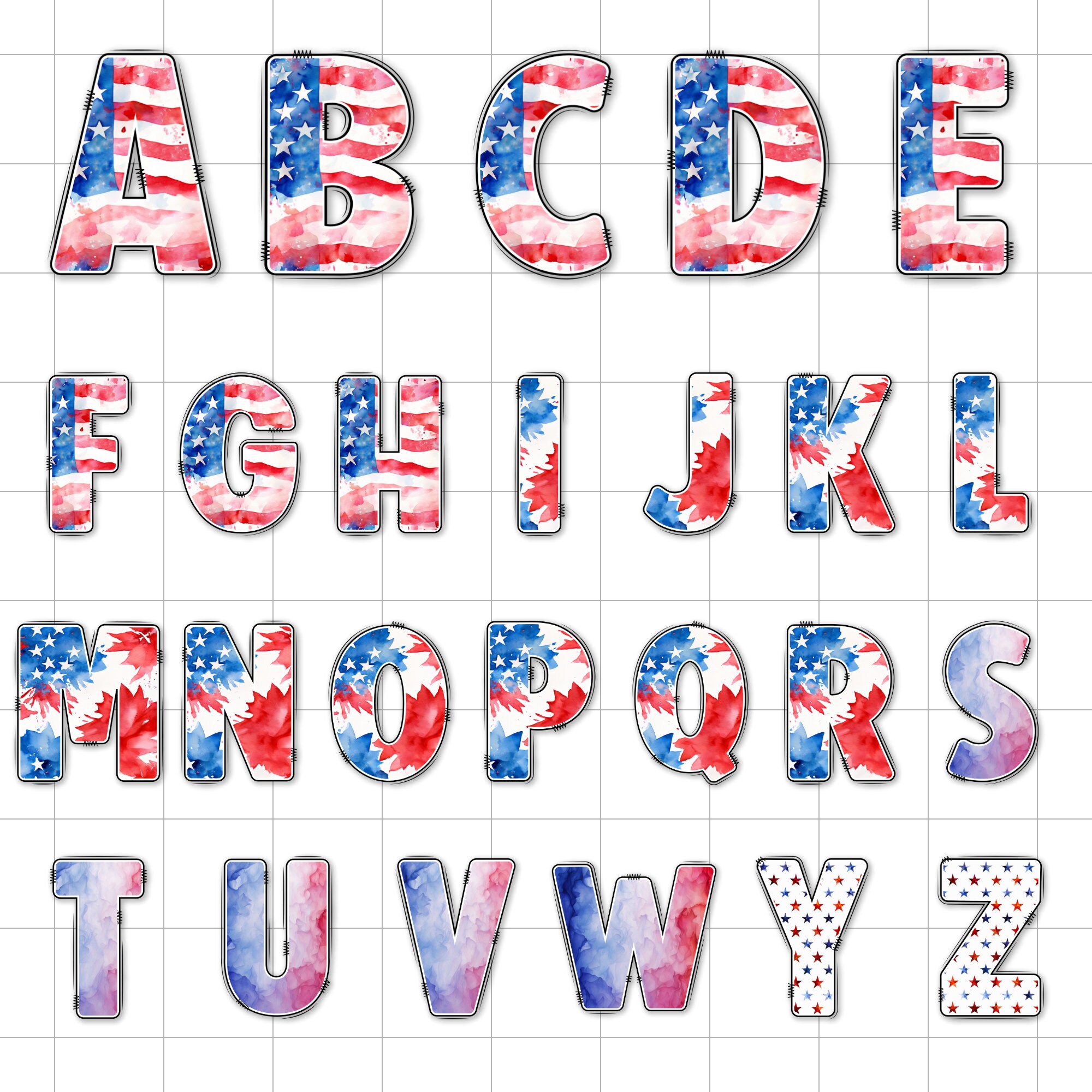 4TH July USA Flag Doodle Letters PNG Bundle, Red White & Blue Digital ...