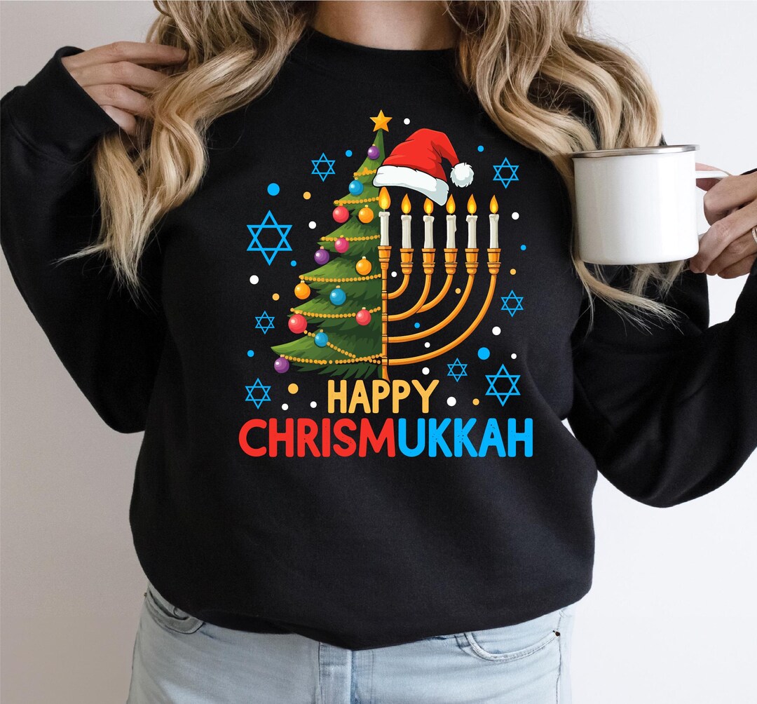 Happy Chrismukkah Shirt, Christmas Santa Hat Sweater, Jewish Religious ...