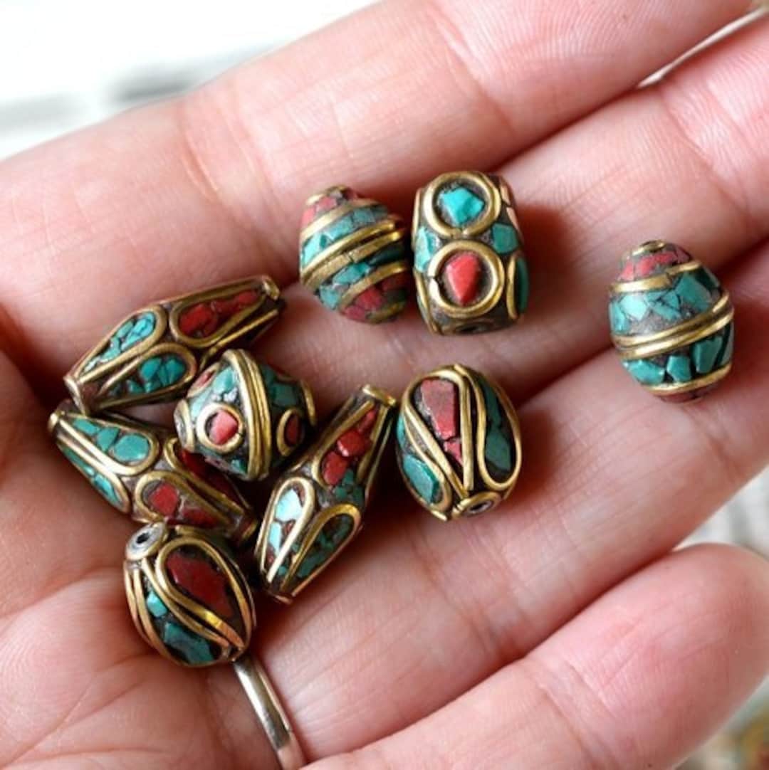 Brass Inlay Beads With Turquoise, Coral, and Lapis Detail, 1.5mm Hole ...