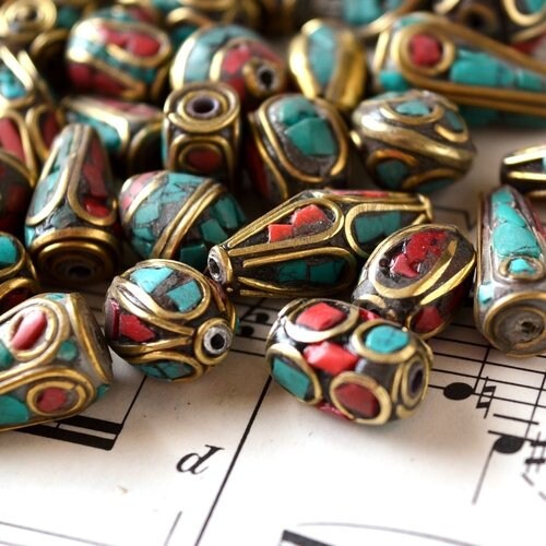 Brass Inlay Beads With Turquoise Coral and Lapis Detail - Etsy