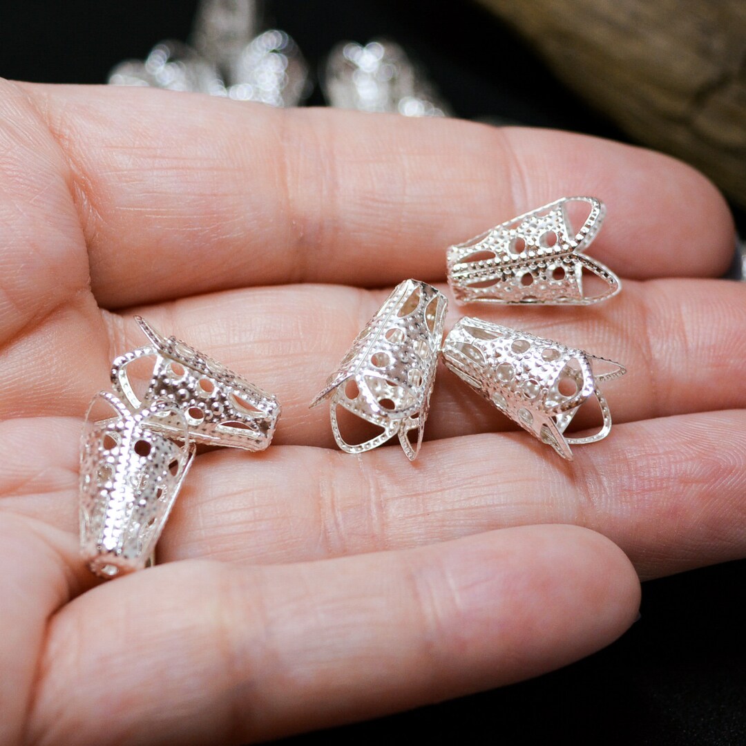 16x10mm Bead Cones in Shiny Silver, Bendable, 4 Petal Filigree ...