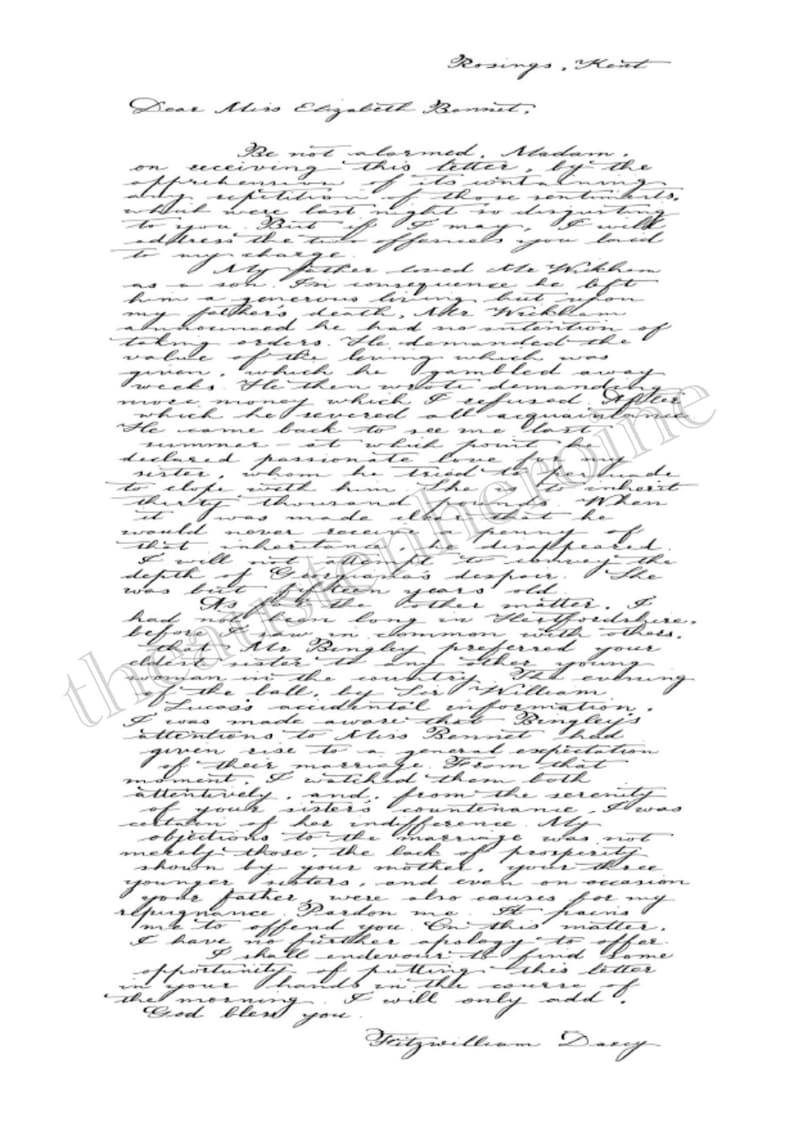 Mr. Darcy Letter to Elizabeth Bennet Print: Pride and Prejudice ...