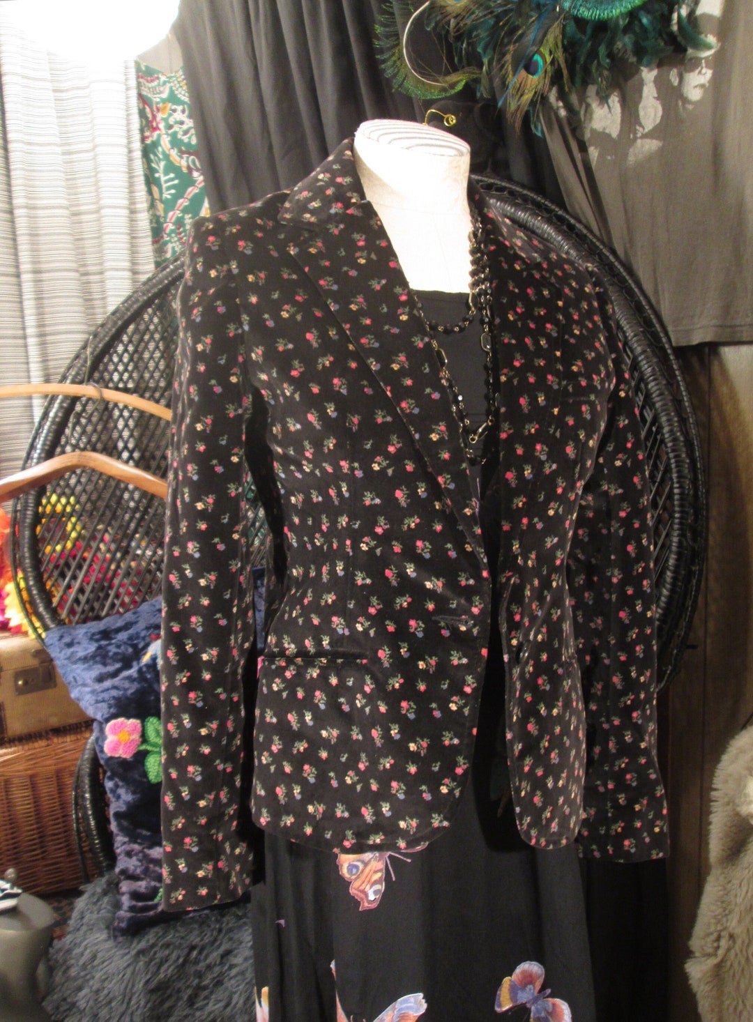 70s Vintage Calico Velvet Jacket Small Floral Black Jacket Cropped ...