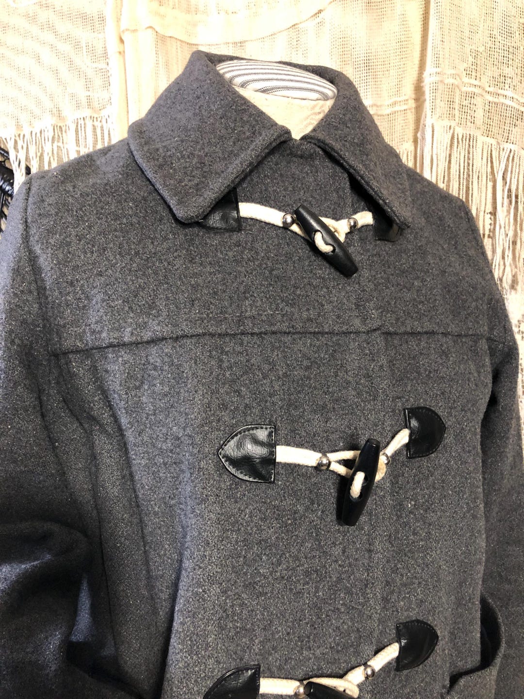 Gray Vintage Wool Duffle Toggle Coat Classic Paddington Style Black Fur ...