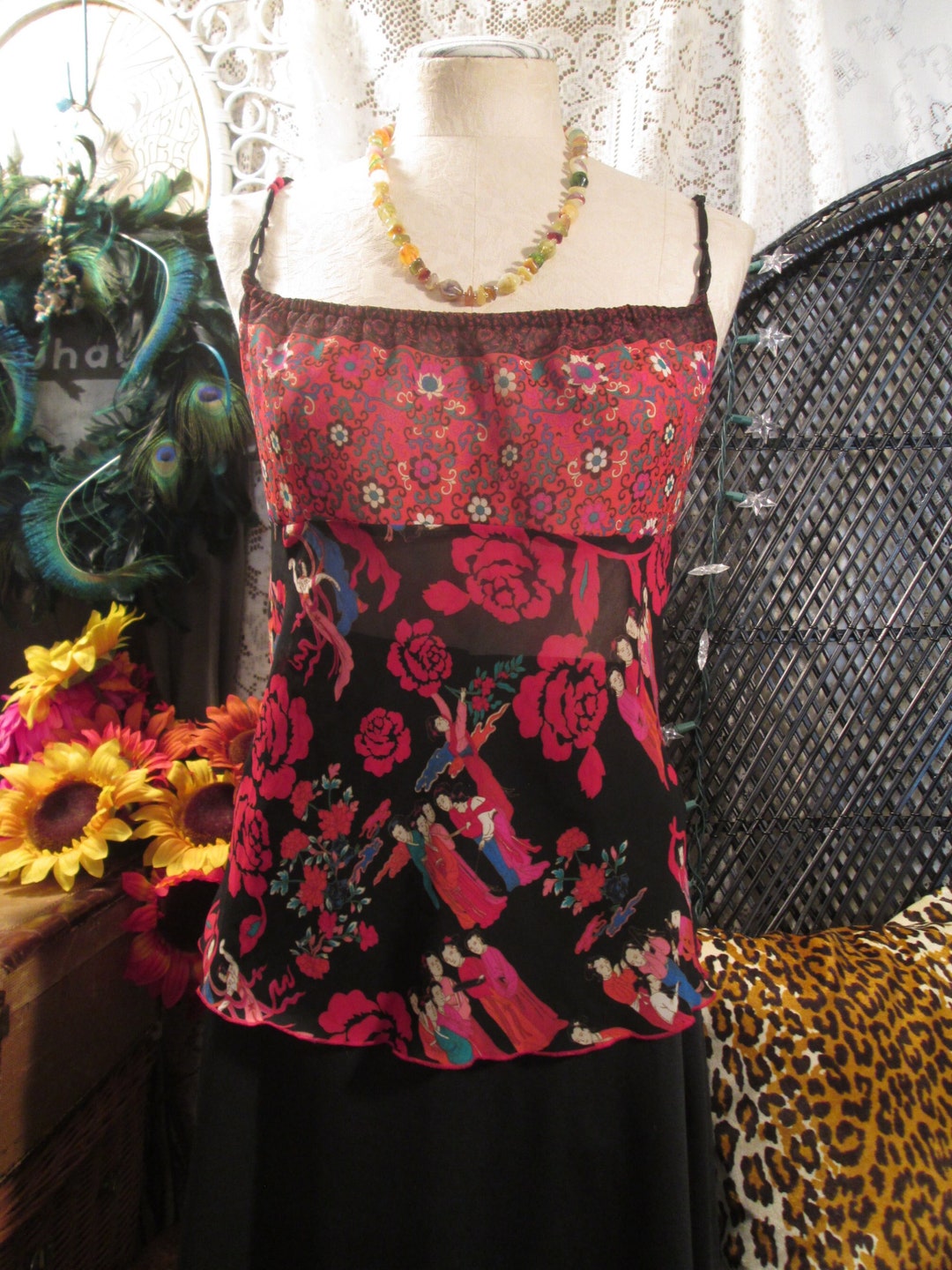 Vintage Natori Japanese Print Top Red Black Floral Print Asian Blouse ...