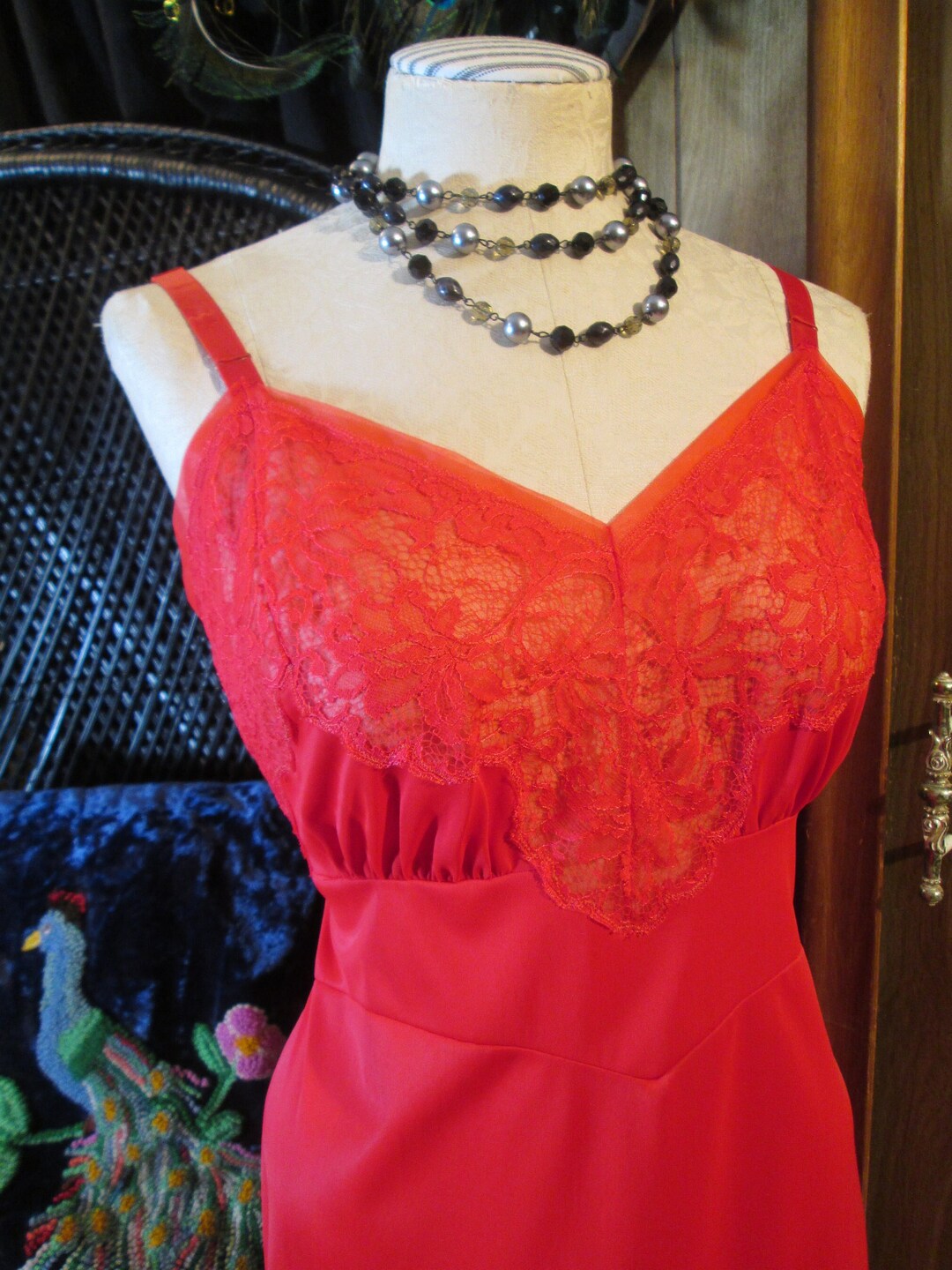 Red Lacy Slip Silky Nylon V Top Lace Vintage 50s Red Lace Slip Gotham ...