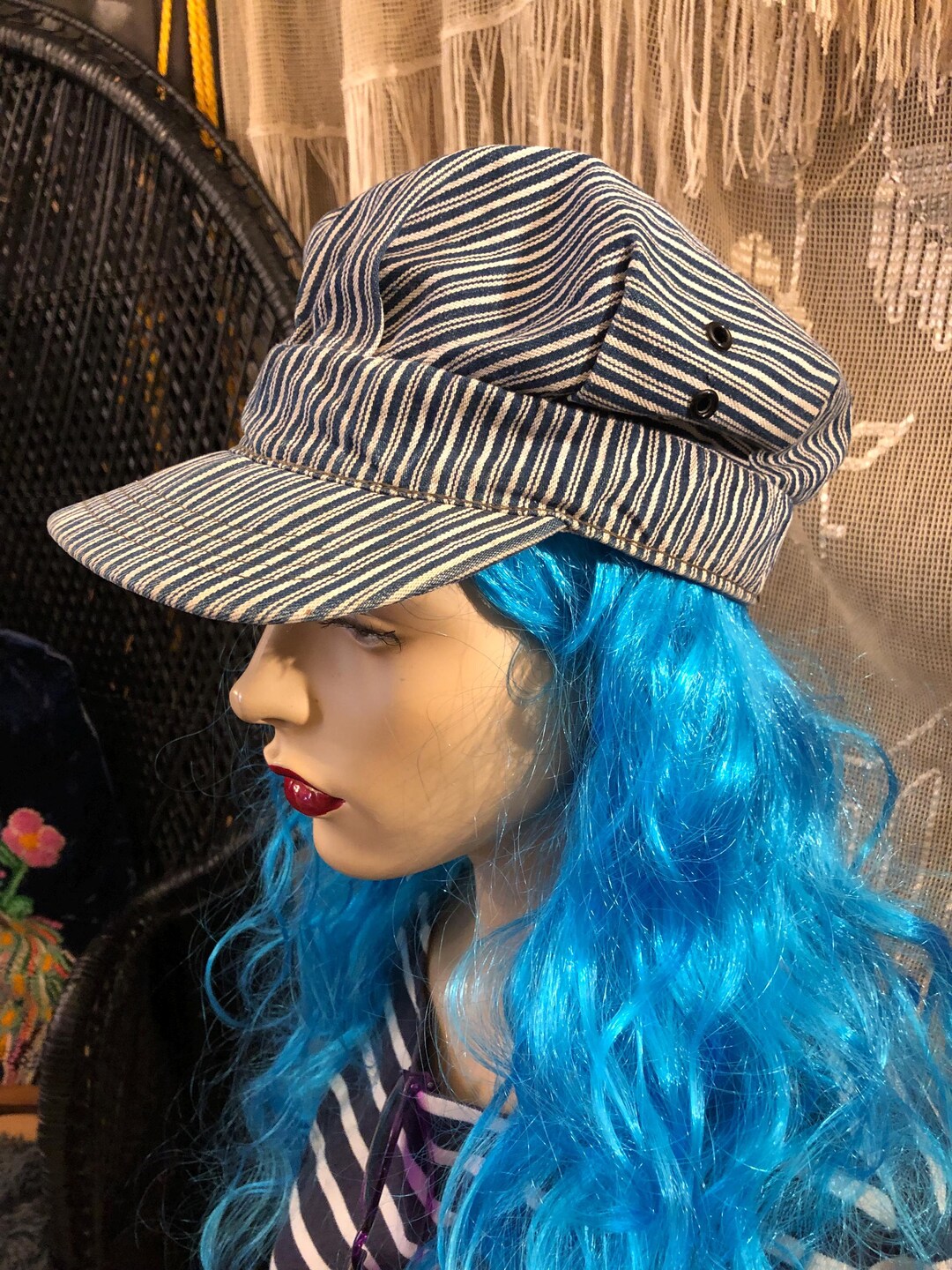 Vintage Railroad Cap 60s Striped Denim Engineer Hat Gently Worn and ...