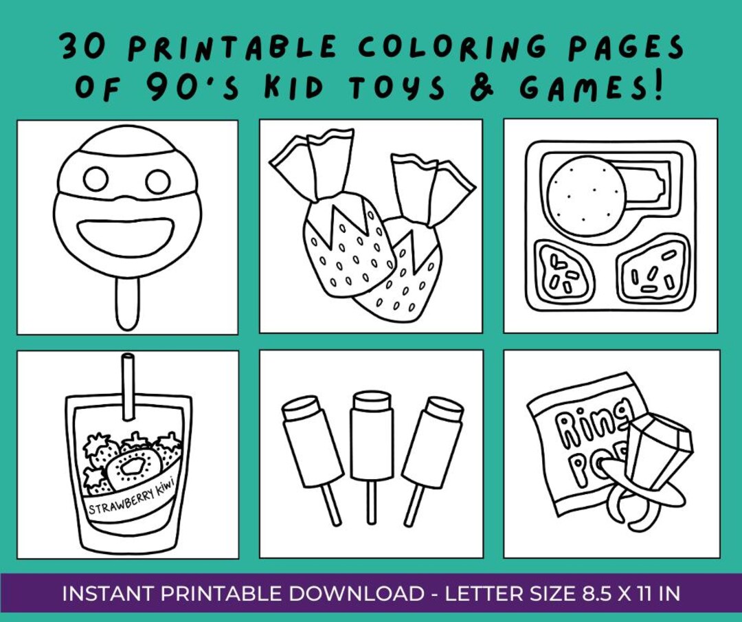 90's Foods Snacks and Drinks Coloring Pages, Hand Drawn Bold and Easy ...