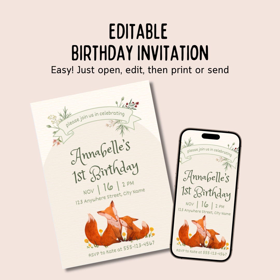Fox 1st Birthday Invitation: Woodland Party Invite (editable Canva ...