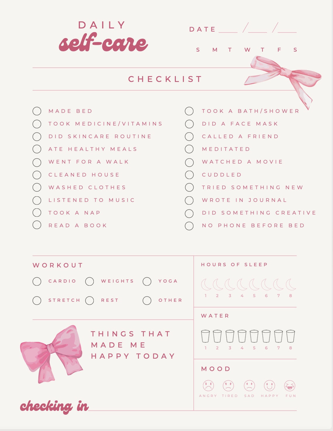 Self-care Checklist Pink Bows Instant Download Self-care Checklist Pink ...