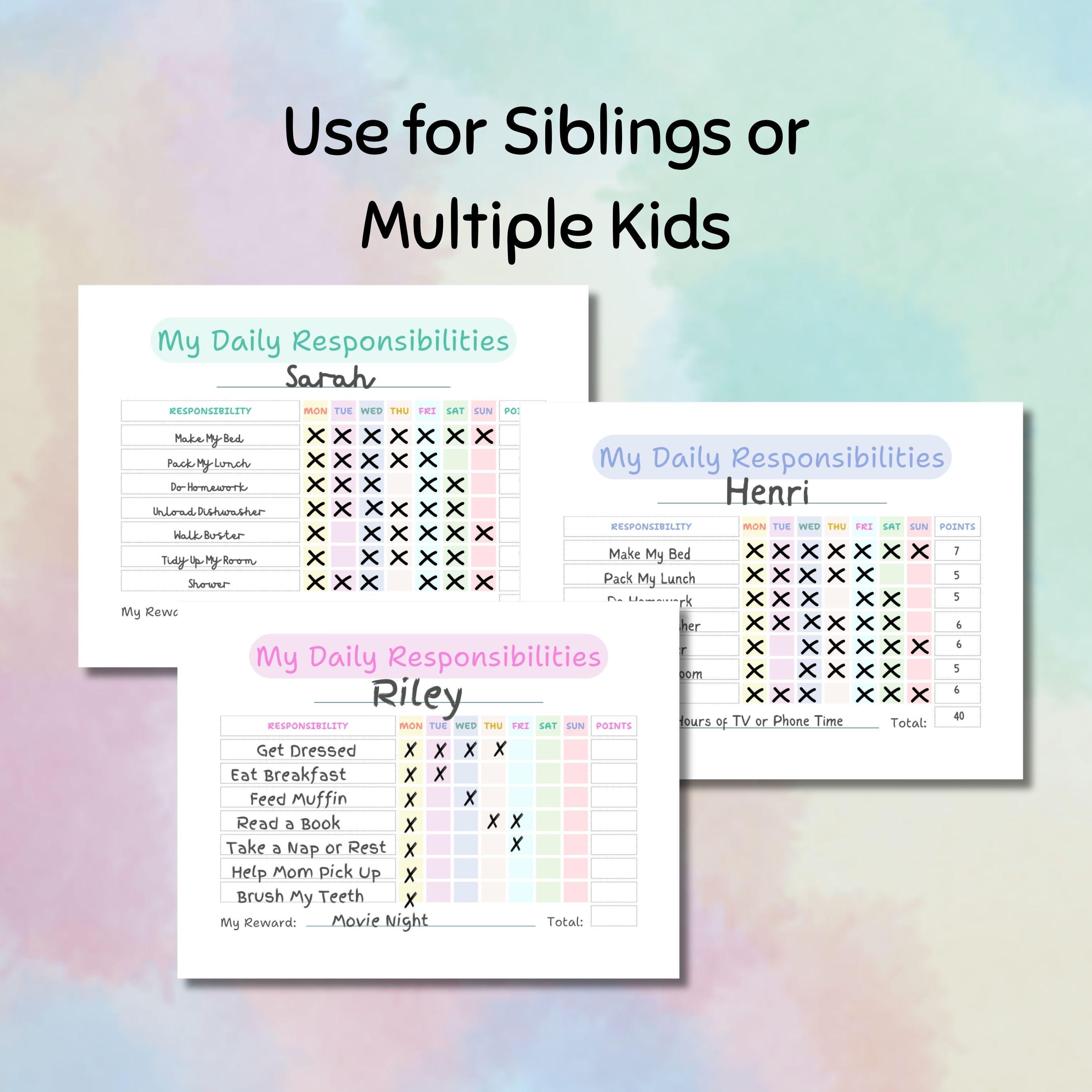 Kids Chore Chart: Daily Responsibility Tracker, 3 Colors Included (PDF ...