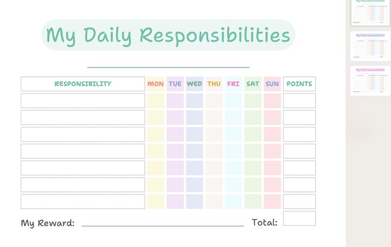 Kids Chore Chart: Daily Responsibility Tracker, 3 Colors Included (PDF ...