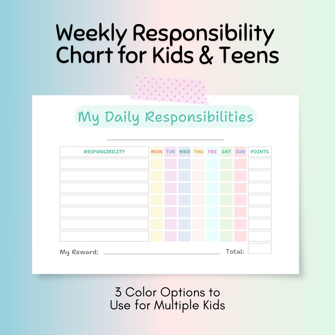 Kids Chore Chart: Daily Responsibility Tracker, 3 Colors Included (PDF ...