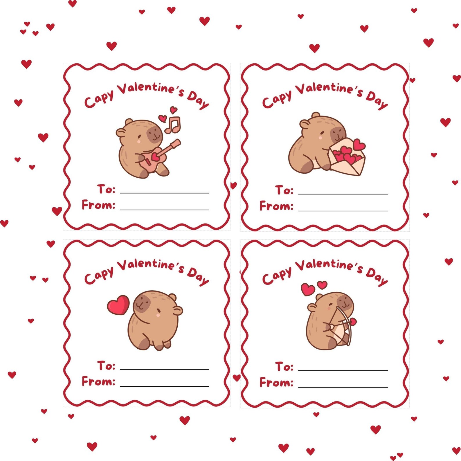 Capybara Valentines Day Cards - Small Printable Classroom Valentine ...