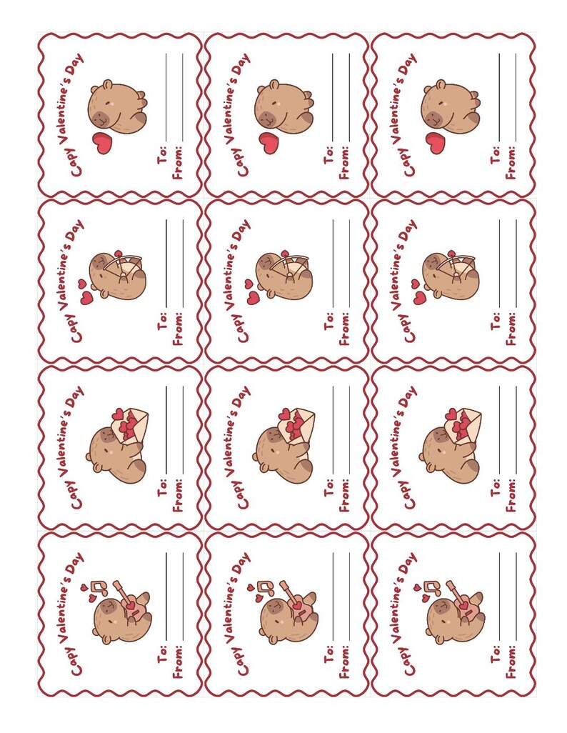 Capybara Valentines Day Cards - Small Printable Classroom Valentine ...