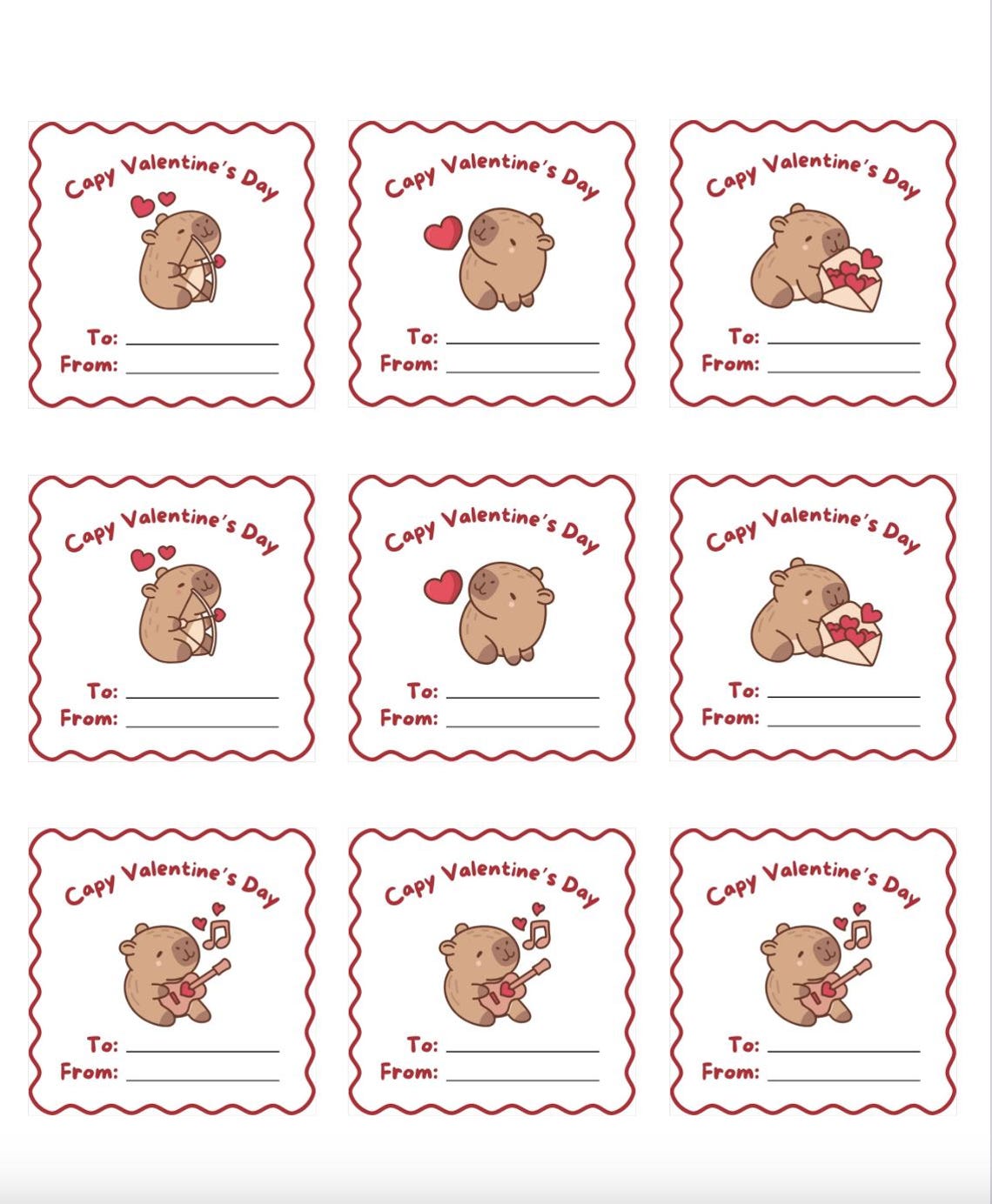 Capybara Valentines Day Cards - Small Printable Classroom Valentine ...