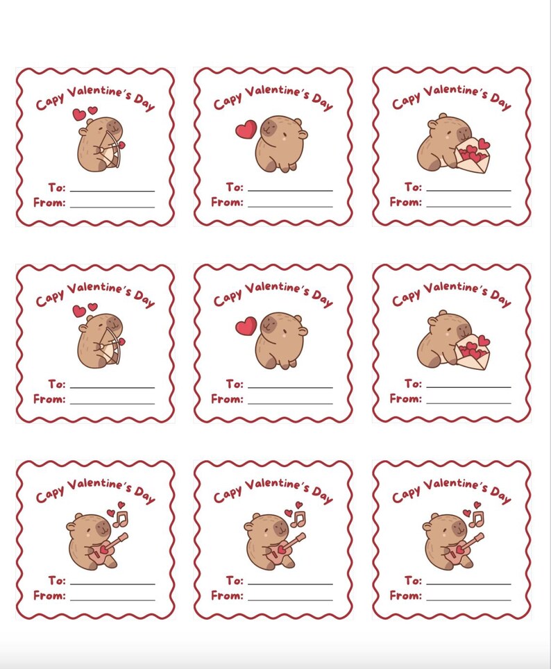 Capybara Valentines Day Cards - Small Printable Classroom Valentine ...