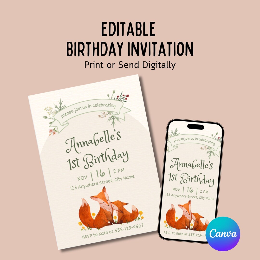 Fox Birthday Invitation Kids Birthday Party Invite Woodland Birthday ...