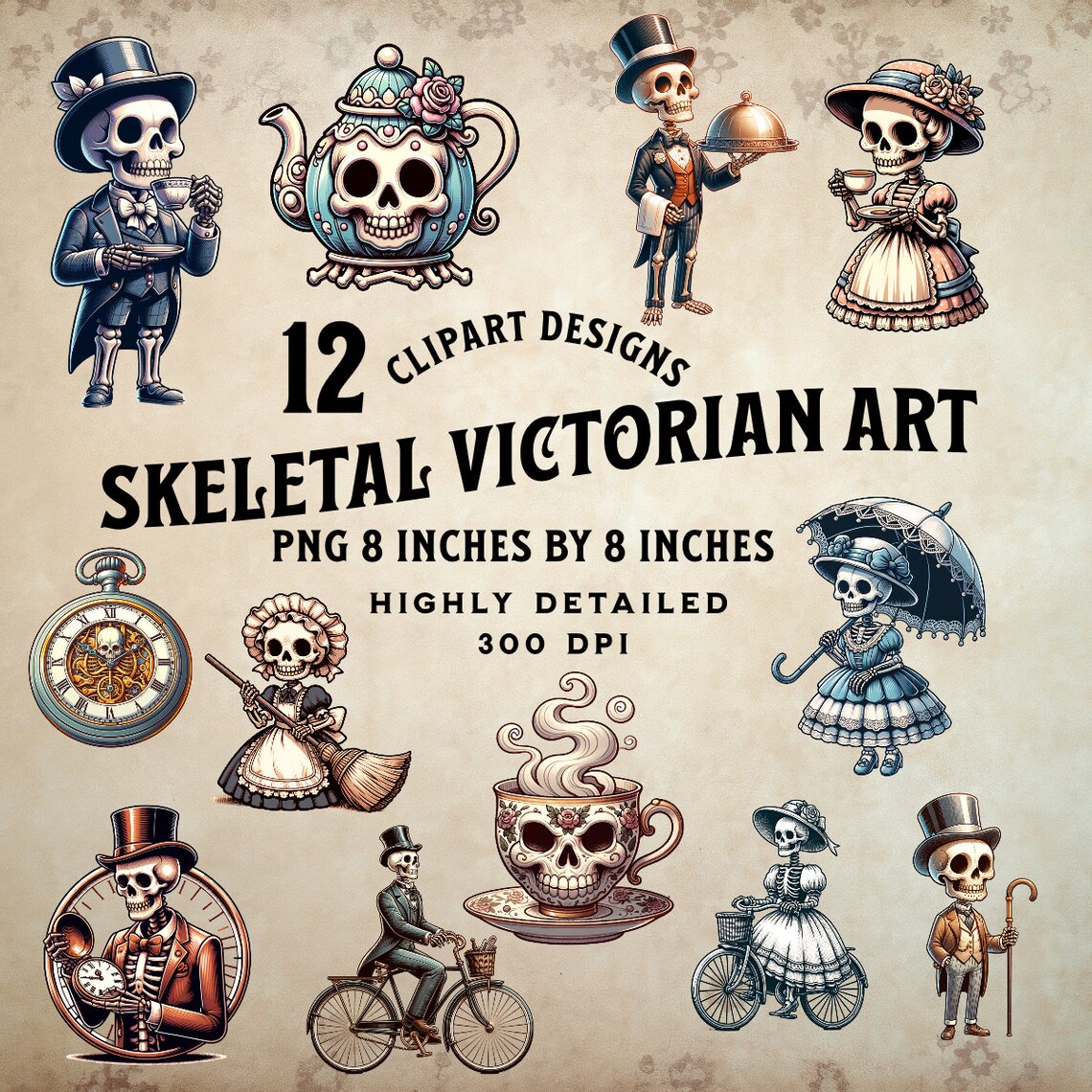 Victorian Skeletons Clipart PNG 12 Pieces - Etsy