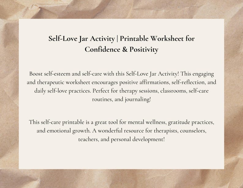 Self-esteem Activity, Self-worth, Self-love Jar, Therapy Worksheet ...
