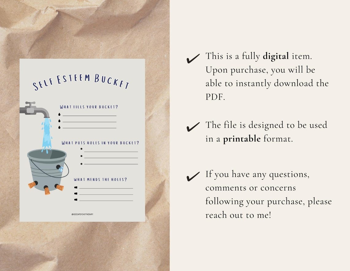 Self-esteem Bucket Activity: Therapy Worksheet (printable PDF) - Etsy