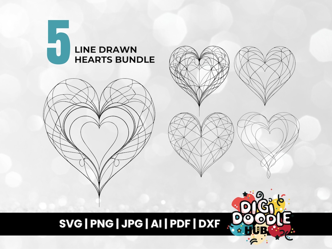 Hand Line Drawn Heart SVG Bundle, Valentine's Heart Ink Sketch, Hand ...