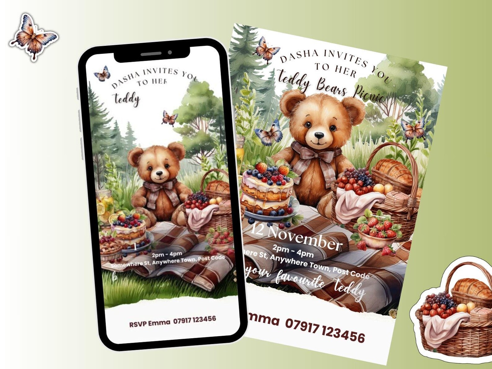 Teddy Bears Picnic Watercolour Party Invites - Animated Editable ...