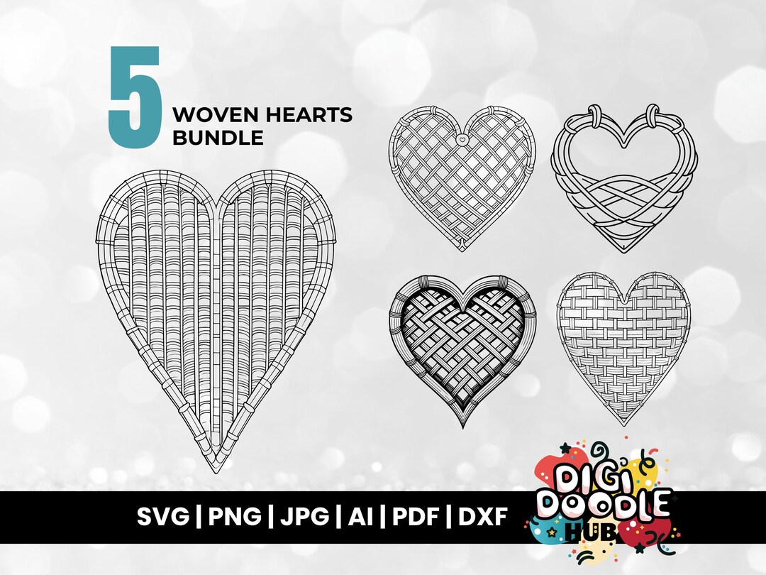 Woven Basket Weave Hearts SVG Bundle, Valentine's Heart Ink Sketch ...