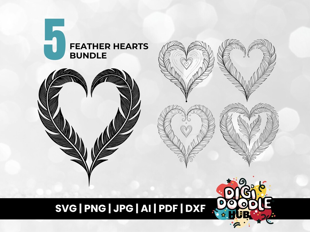 Feather Heart SVG Bundle: Valentine's Sketch Cut Files (digital ...