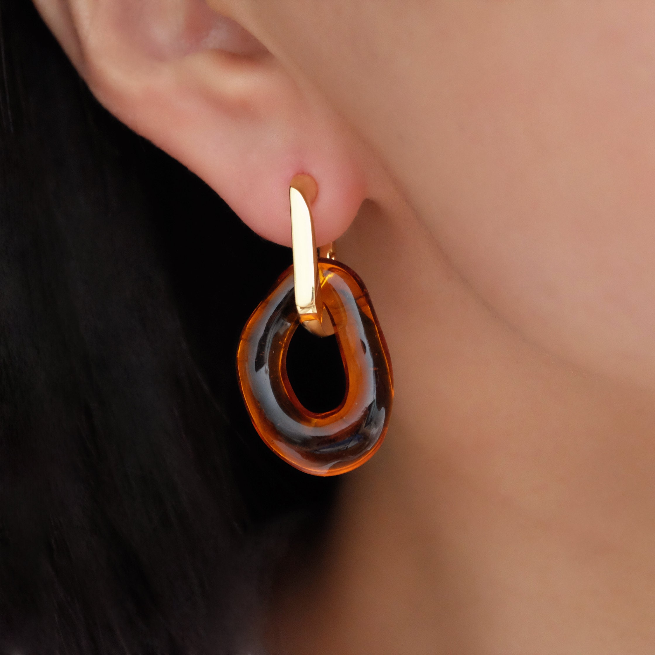 Statement Glass Hoop Earrings, Chunky Gold Colored Glaze Earrings, Ellipse, Summer Earrings ...