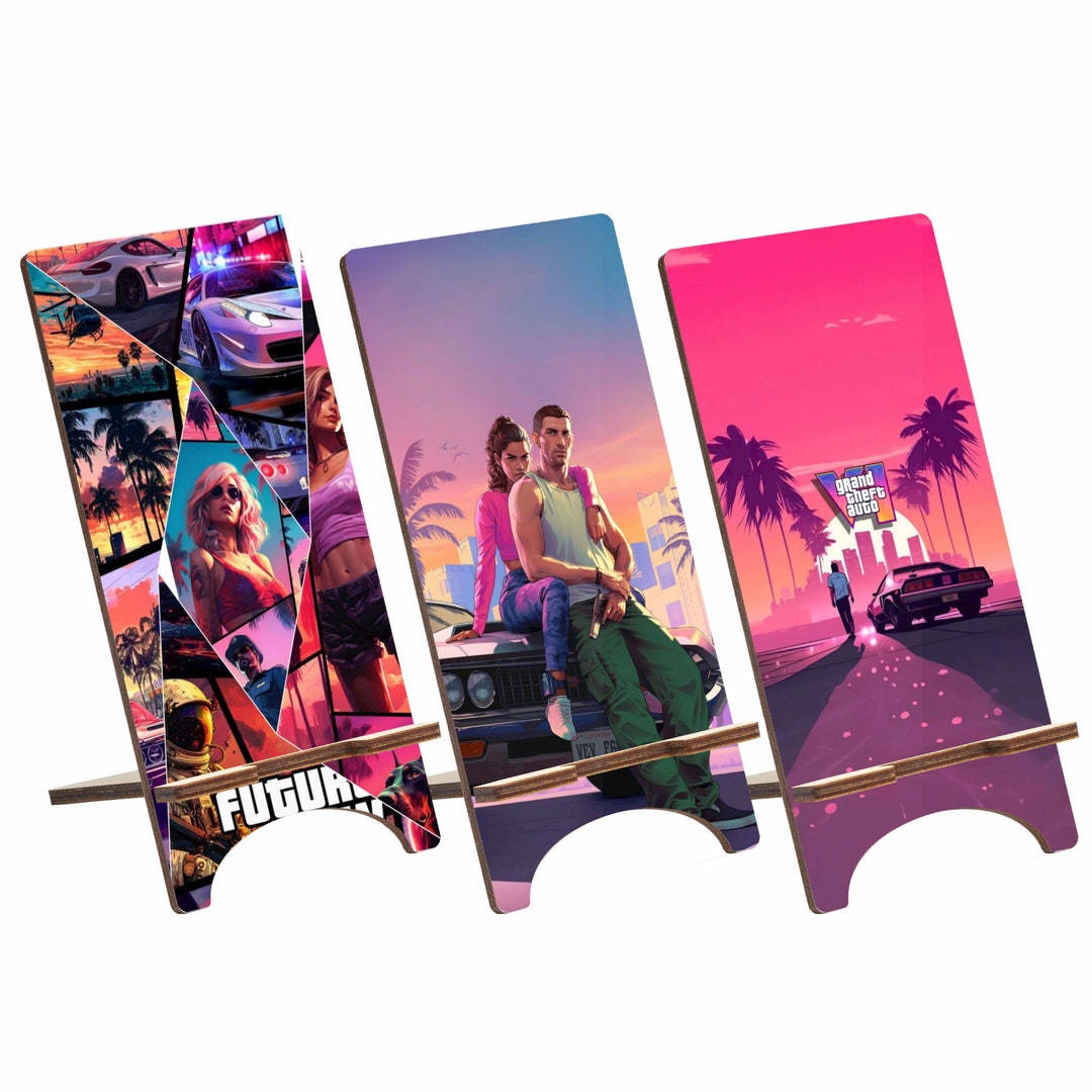 Gta Animated Design Wood Phone Stand, Unique Illustration Holder, Gift ...