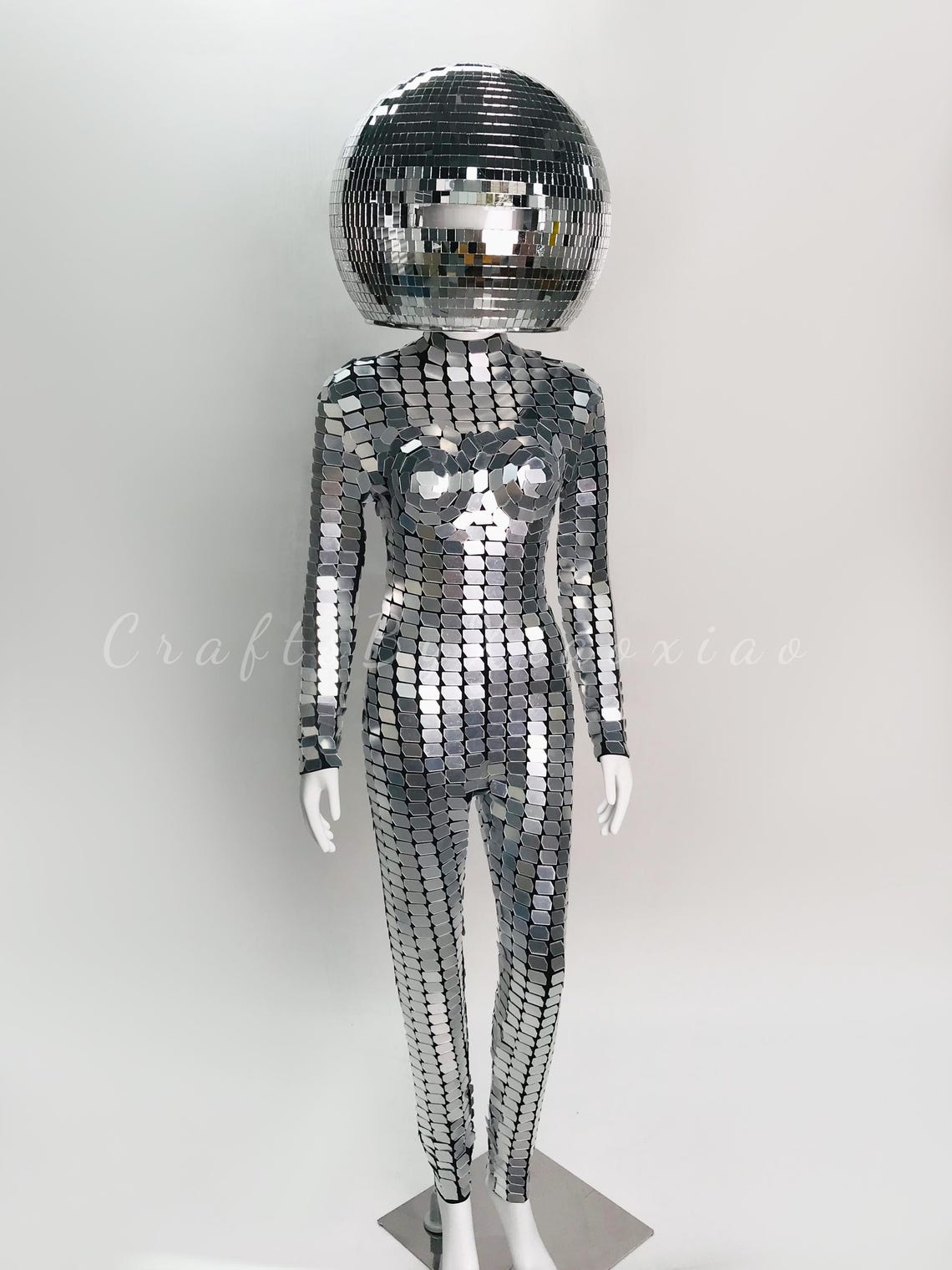 Silver Mirror Chainmail Jumpsuit With Disco Helmet: Futuristic Party ...