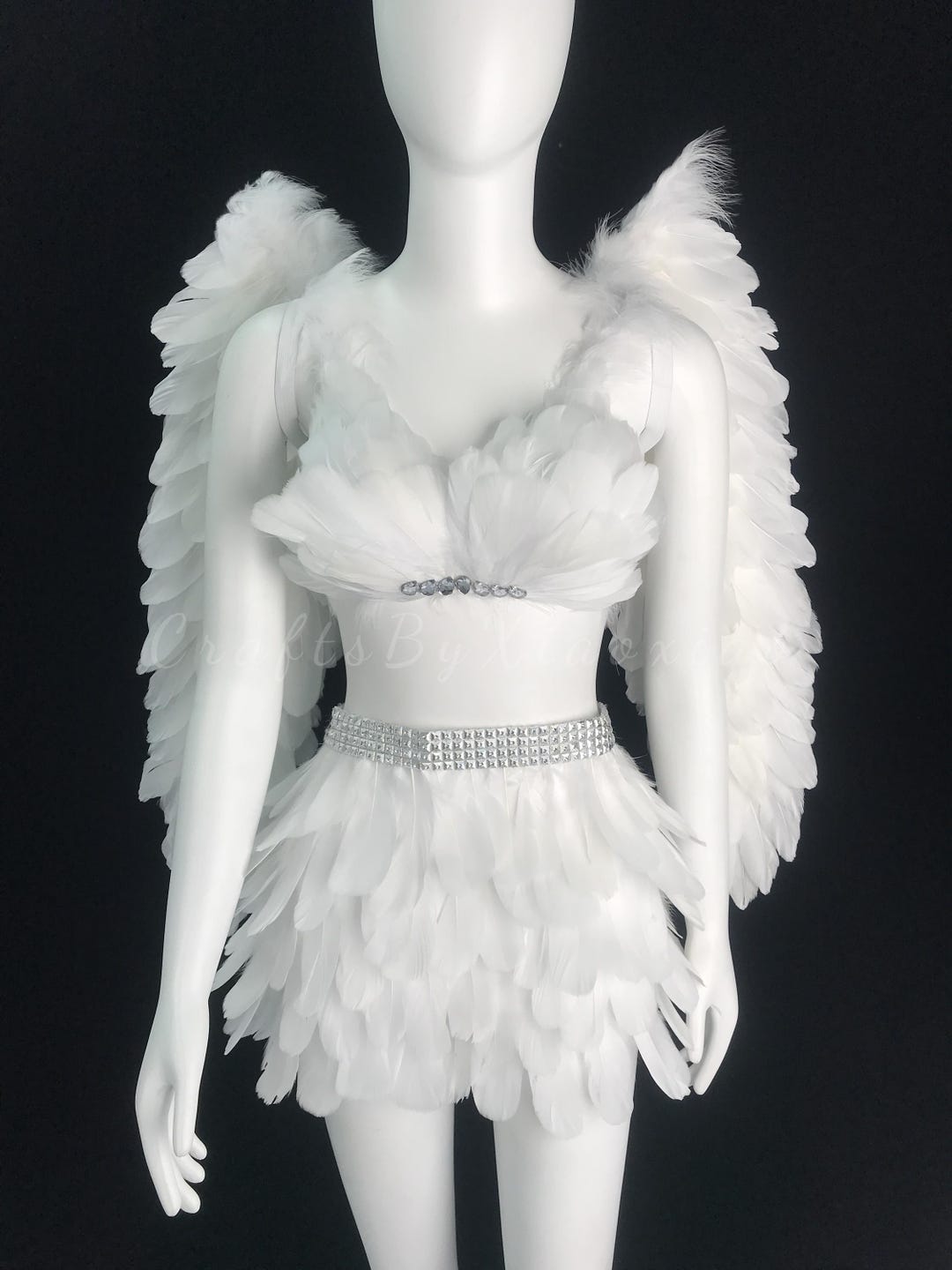 White Feather Angel Wings Costume Set, Crystal Bralette, Mini Skirt - Etsy