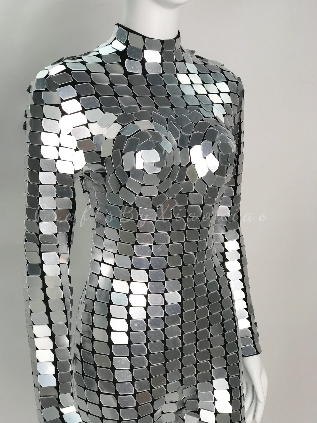 Futuristic Silver Mirror Chainmail Jumpsuit With 30cm Disco Helmet ...
