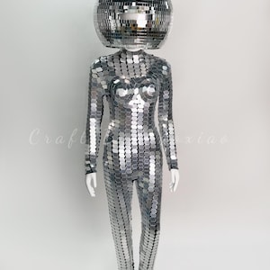 Futuristic Silver Mirror Chainmail Jumpsuit With 30cm Disco Helmet ...